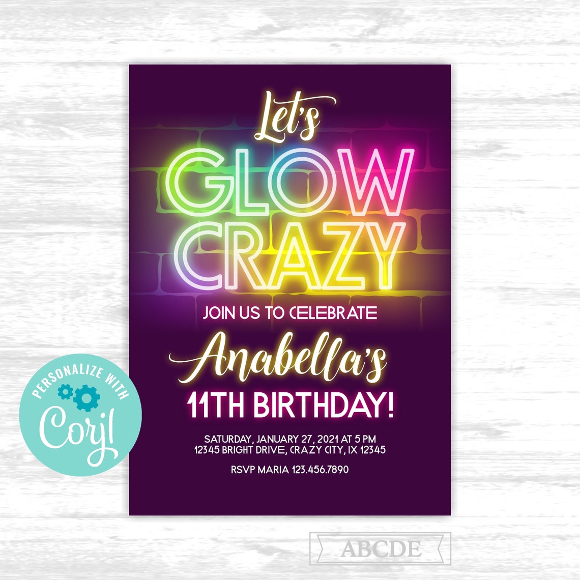 Glow Birthday Invitation Girl Birthday Invitation Neon Glow in | Etsy