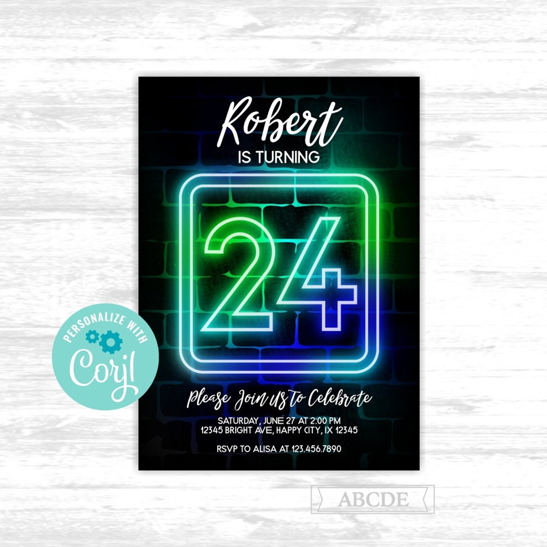 24th Birthday Invitation Neon Glow in the Dark Party 24th Neon - Etsy