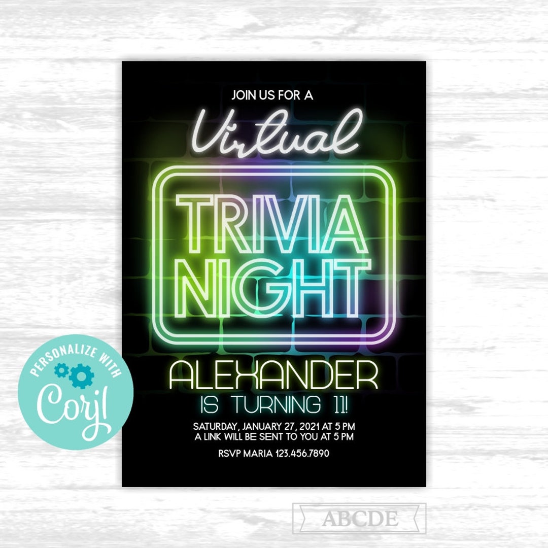 Virtual Trivia Night Birthday Invitation Glow Birthday - Etsy