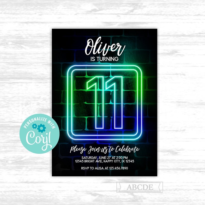 Boy 11th Birthday Invitation Neon Glow in the Dark Party 11th - Etsy