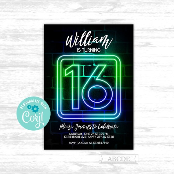 Boy 16th Birthday Invitation Neon Glow In The Dark Party 16th Etsy