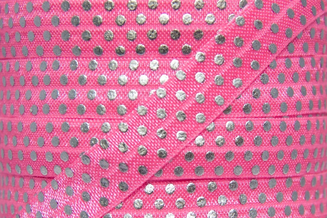 5/8" Neon Pink and Silver Metallic Polka Dot Print Fold Over Elastic ...