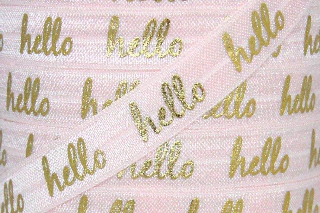 5/8" Light Pink and Gold Metallic "hello" Print Fold Over Elastic ...