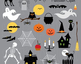 Halloween Clipart Set Witch Castle Moon Bat Spider Web Tree Cloud Crow ...