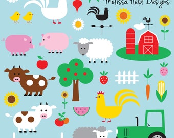 Farm Digital Clipart Farmer, Tractor, Barn, Cow, Chickens, Pig, Sheep ...
