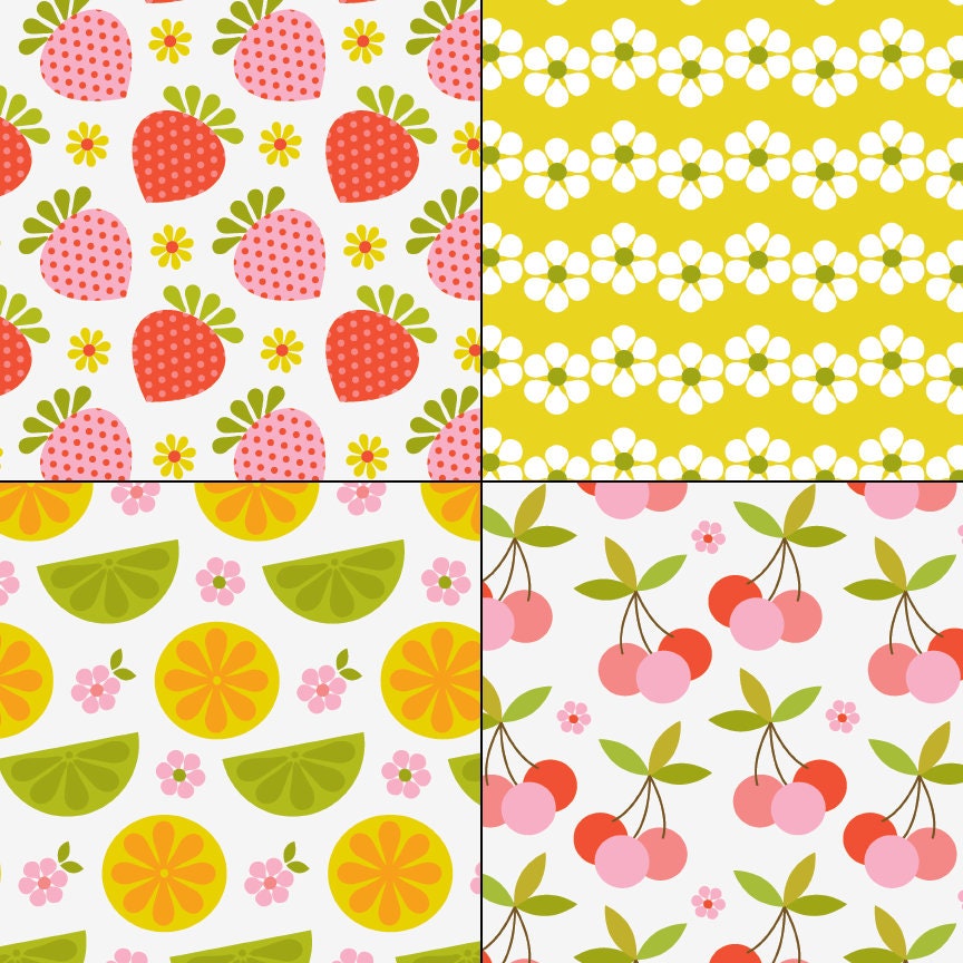 Retro Fruit and Flower Digital Patterns - Etsy