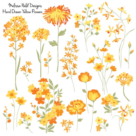 Hand Drawn Yellow Flowers Digital Clipart | Etsy
