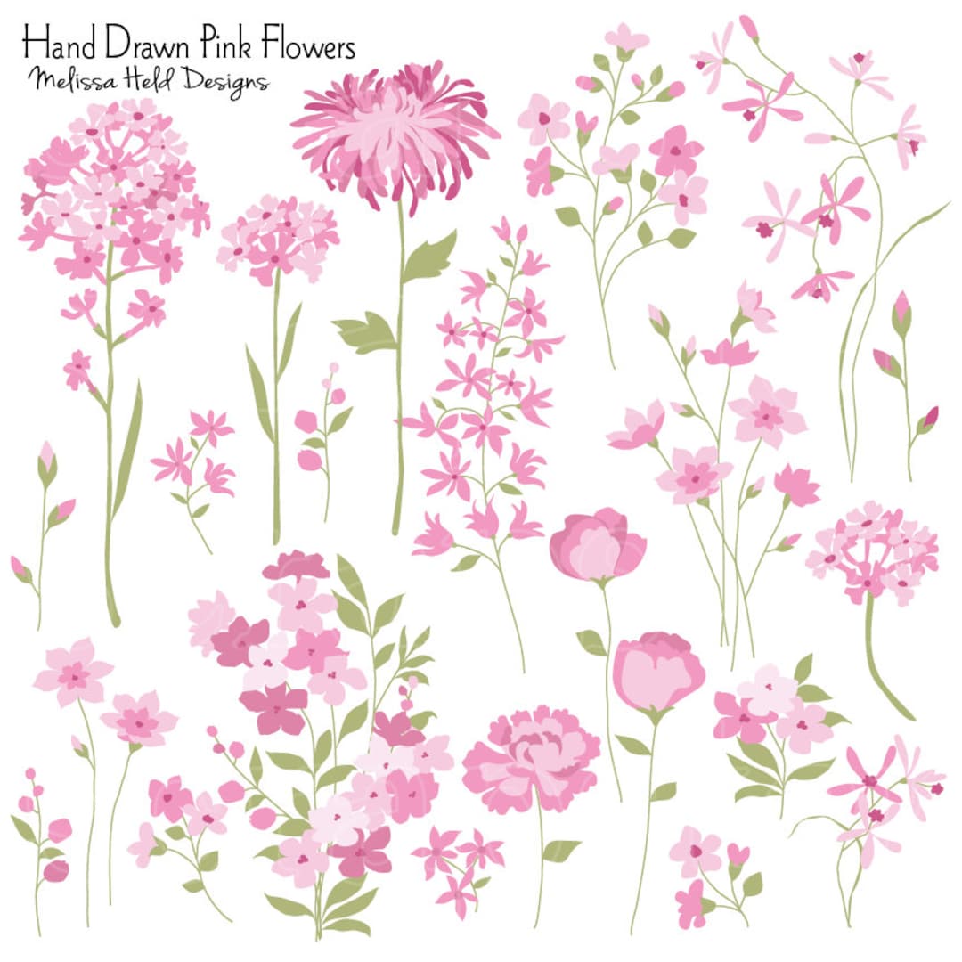 Hand Drawn Pink Flowers Digital Clipart - Etsy