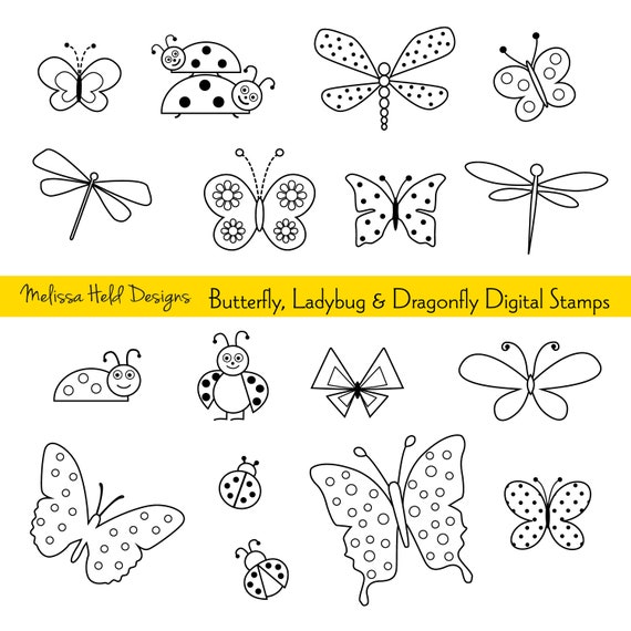 Butterfly Ladybug & Dragonfly Digital Stamps Clipart | Etsy