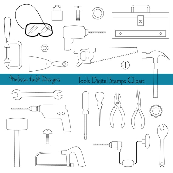 Black Outline Tools Digital Stamps Clipart | Etsy