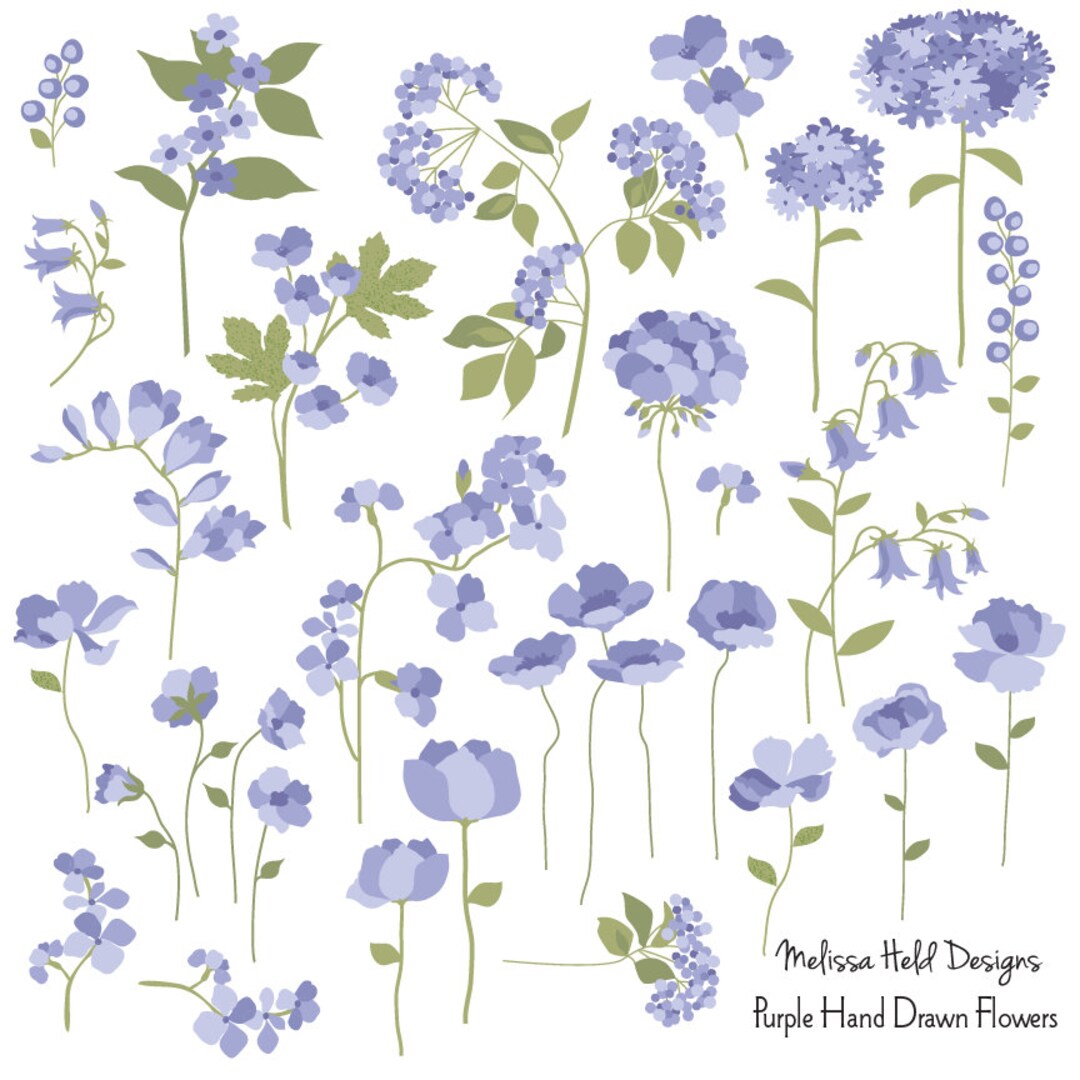 Purple Hand Drawn Digital Flowers Clipart - Etsy