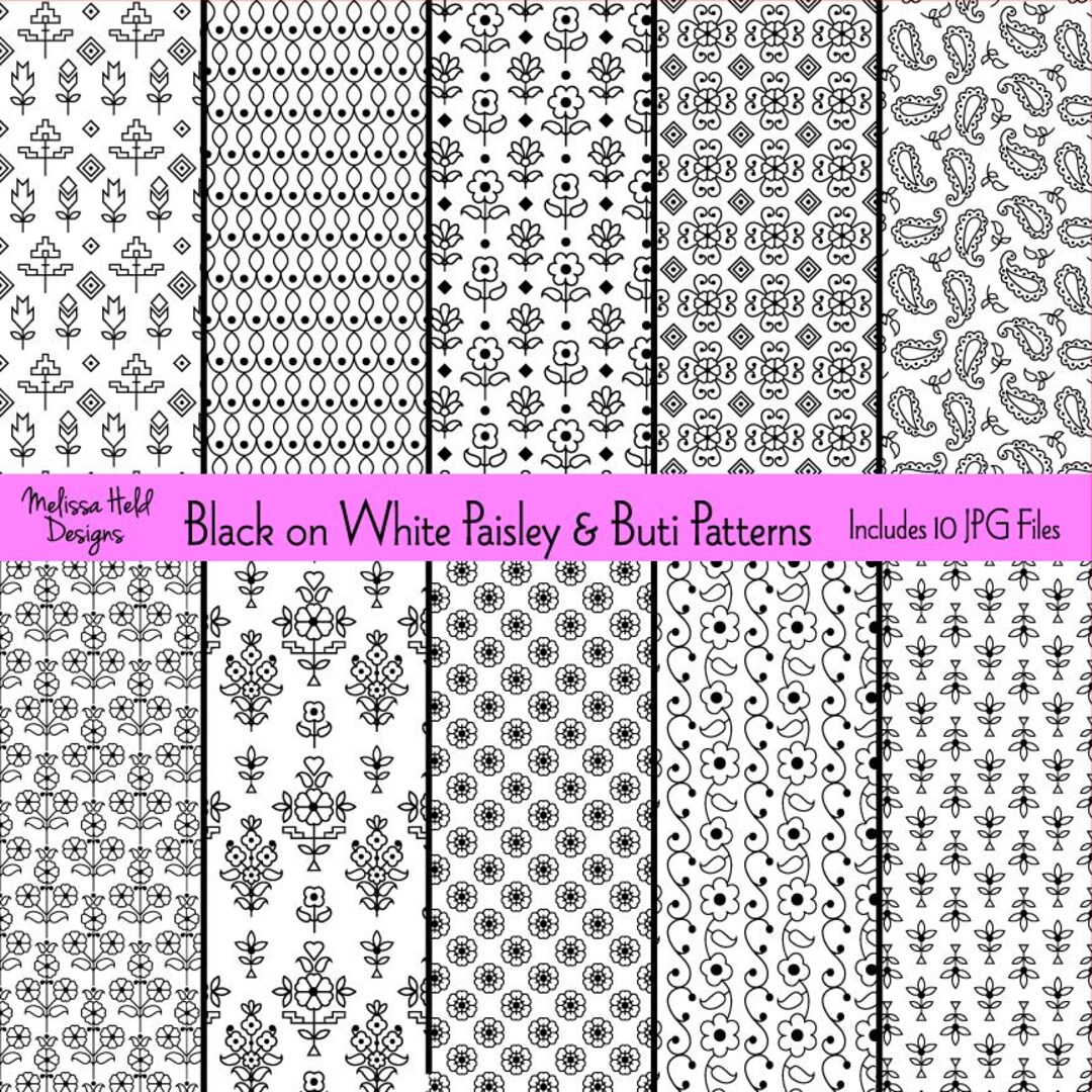 Black on White Paisley & Buti Digital Patterns - Etsy