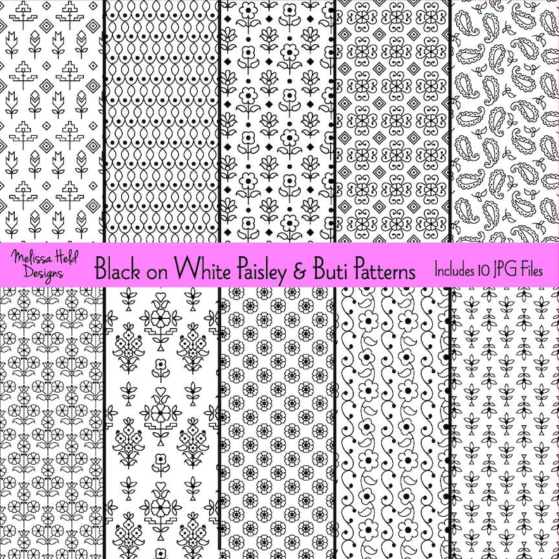 Black on White Paisley & Buti Digital Patterns - Etsy