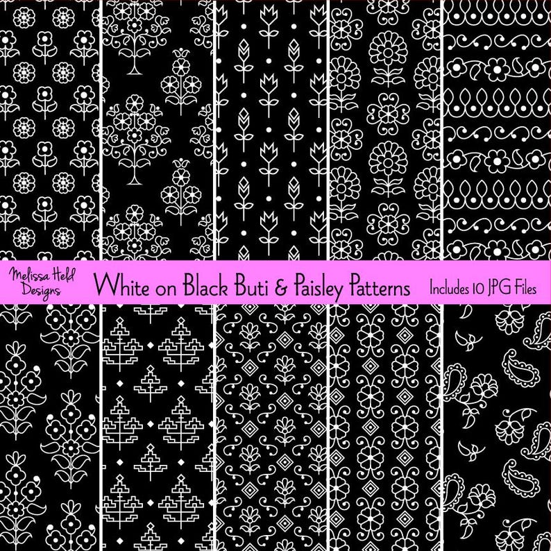White on Black Buti & Paisley Digital Patterns - Etsy