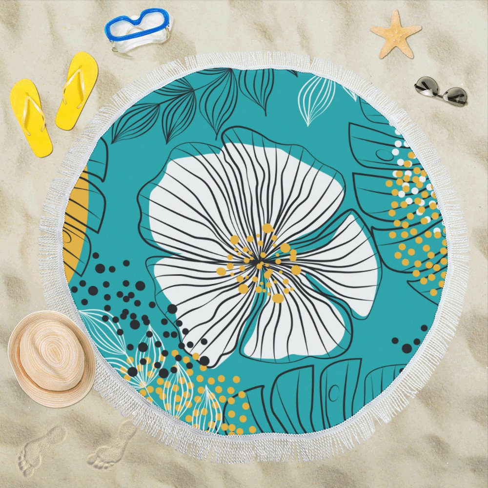 Turquoise Circular Beach Shawl. Floral Beach Blanket. Fashionable ...
