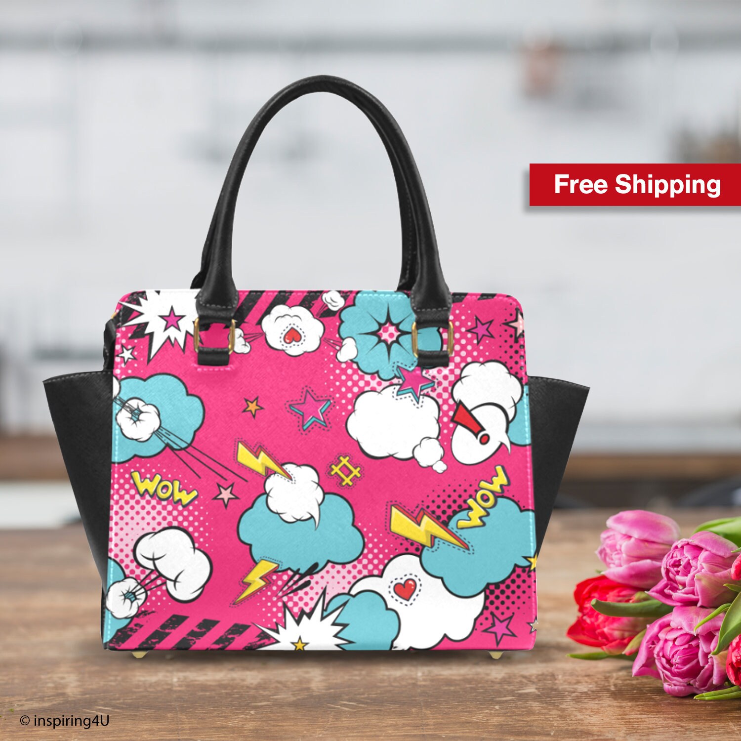 Women Pink Shoulder Handbag, Comics Pop Art Shoulder Bag, Unusual, Hot ...