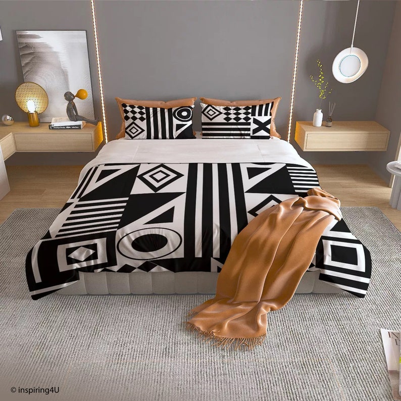 Black and White Graphic Pattern Bedding Set. Contemporary Duvet Cover ...