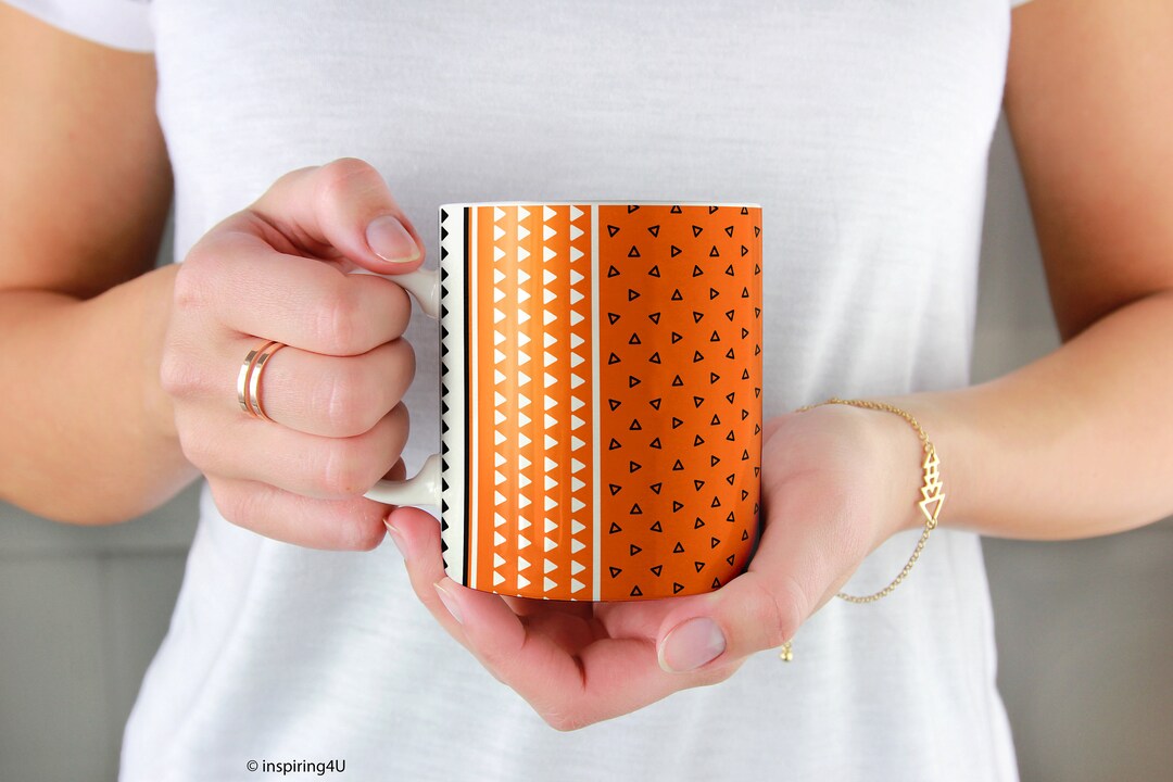 Orange Ceramic Coffee Mug, Triangles Pattern Mug, Office Tea Mug, Mug ...
