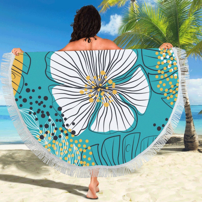 Turquoise Circular Beach Shawl. Floral Beach Blanket. Fashionable ...
