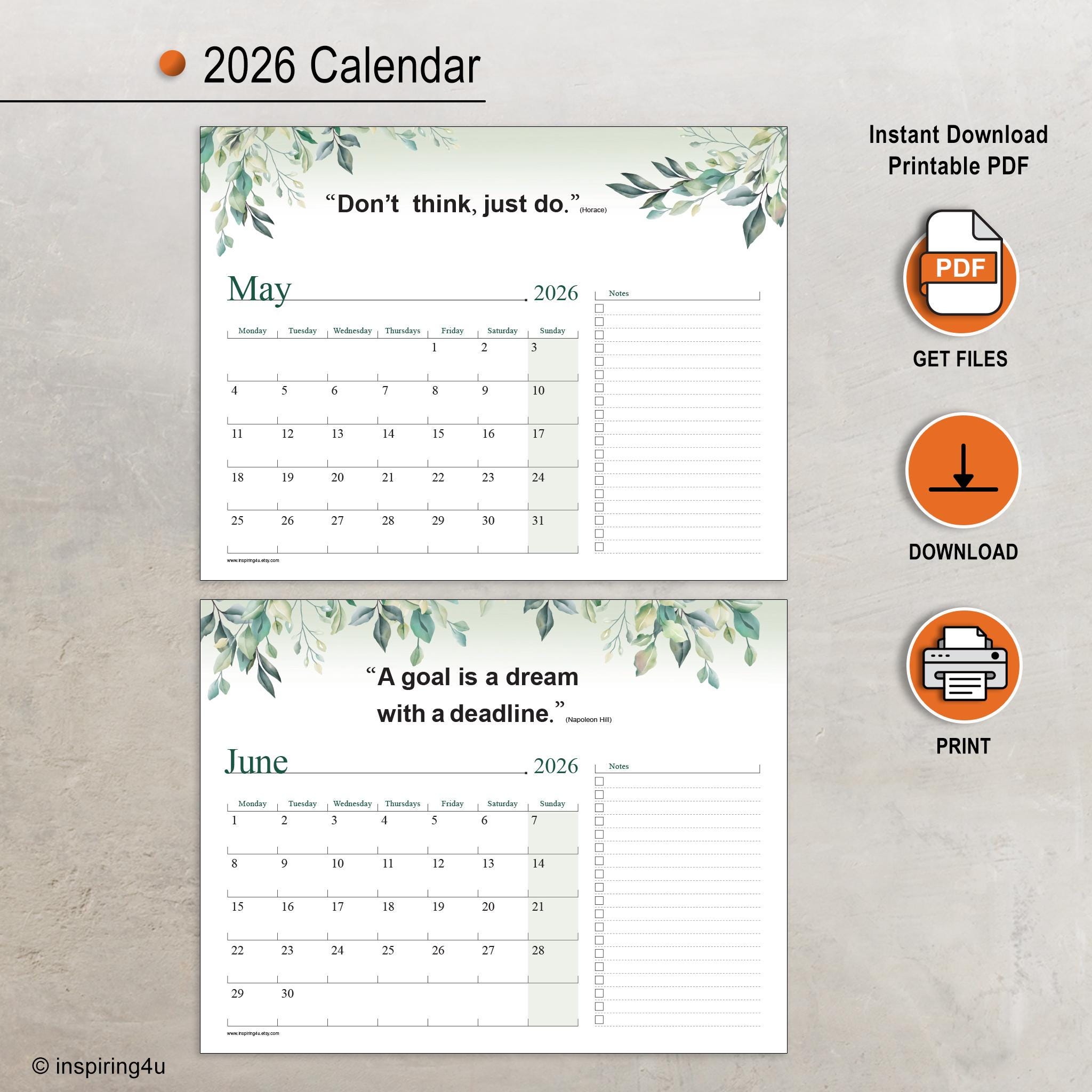 2026 Printable Motivational Wall Calendar PDF. Monthly Planner With ...