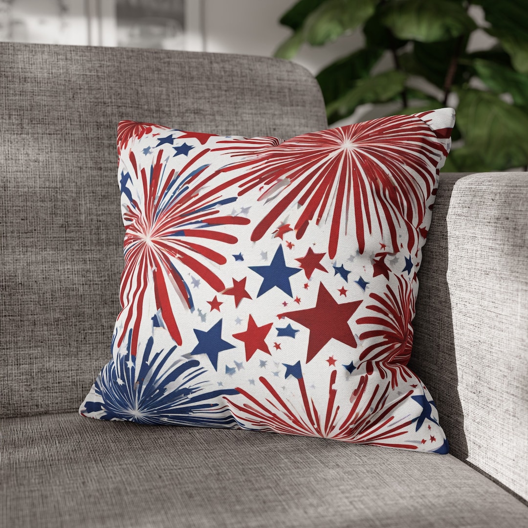Fourth of July Stars and Fireworks Throw Pillow Cover, Patriotic Pillow ...