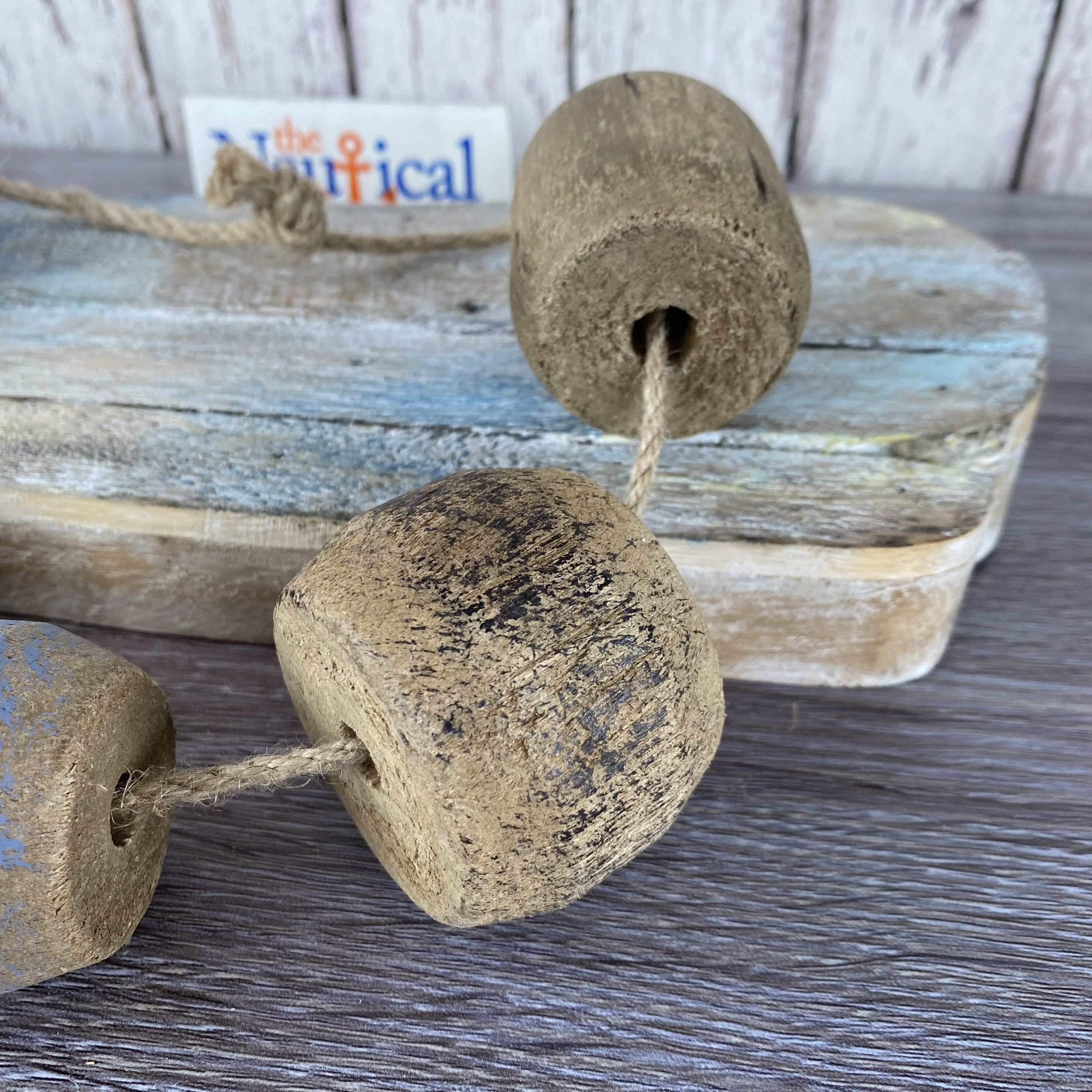 5 Wood Fishing Floats On Jute Rope - Distressed Blue & Black - Nautical ...