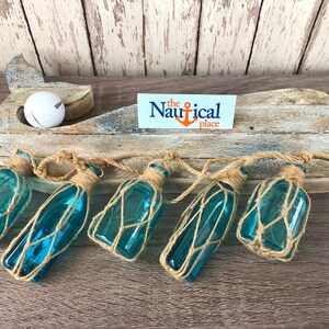 5 Aqua Glass Bottles on Rope Nautical Fish Net Buoy Ball Floats Beach ...
