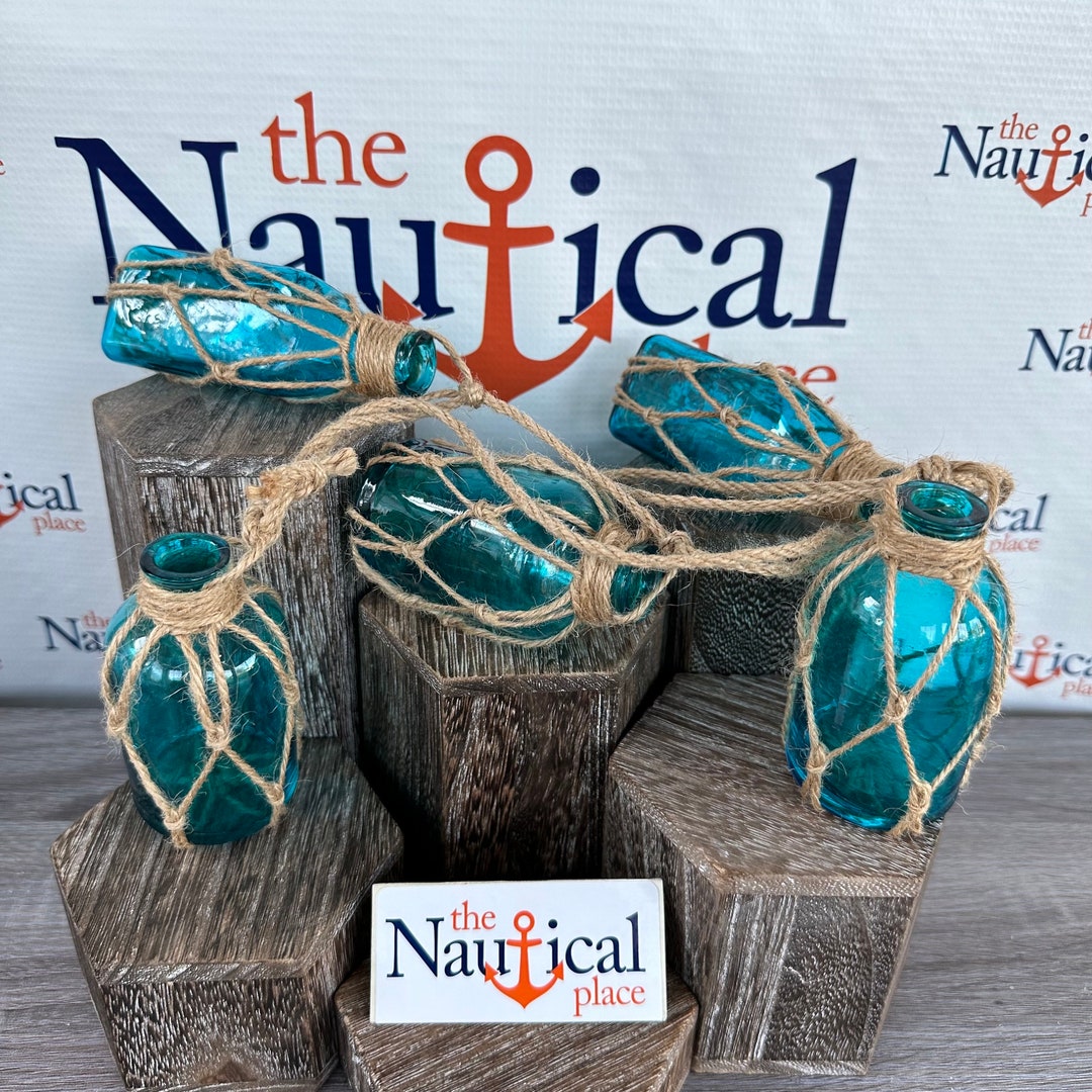 5 - Aqua Glass Bottles on Rope - Nautical Fish Net Buoy Ball Floats ...