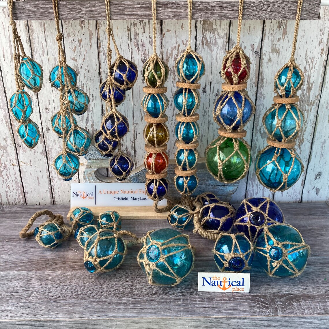 Glass Fishing Floats on Rope Fish Net Buoy Ball Nautical - Etsy