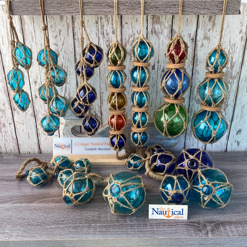 Glass Fishing Floats on Rope Fish Net Buoy Ball Nautical - Etsy