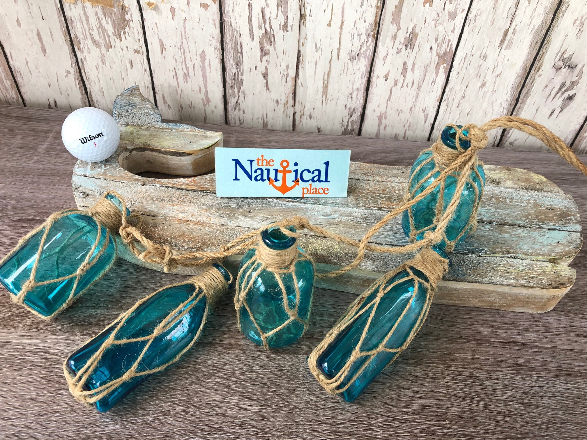 5 - Aqua Glass Bottles On Rope - Nautical Fish Net Buoy Ball Floats ...