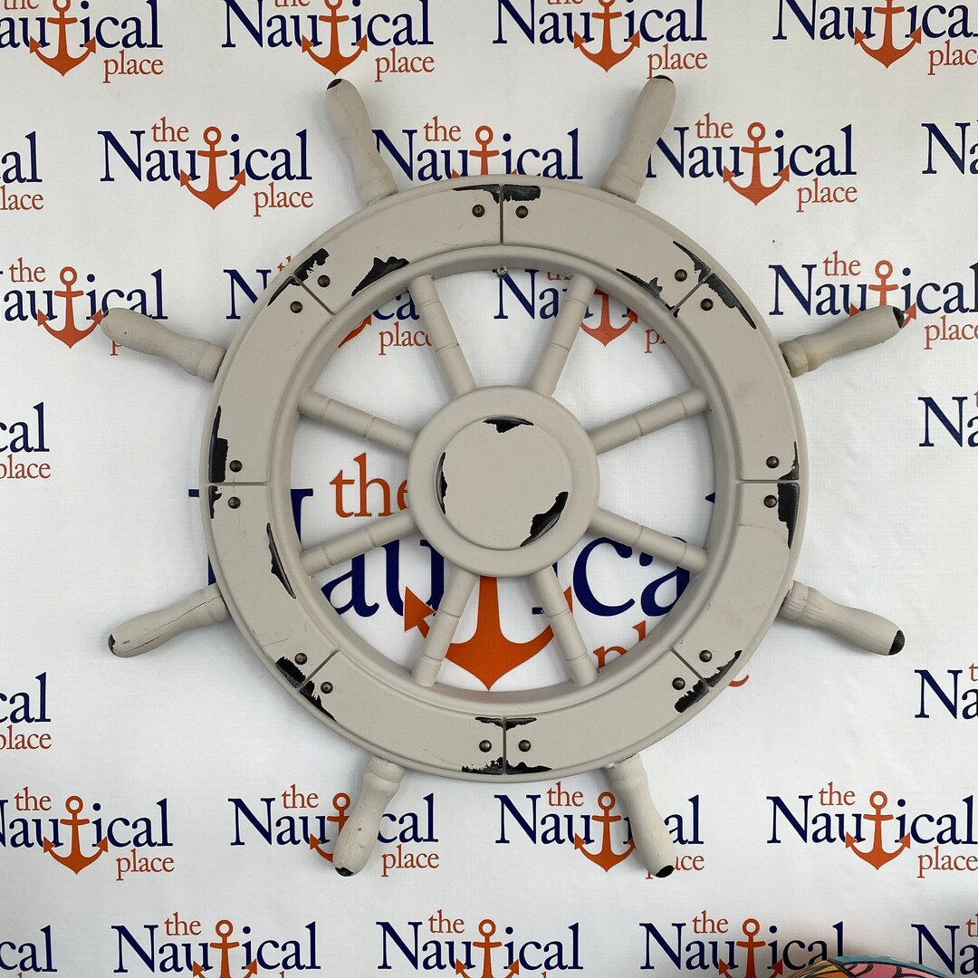 24 Painted Wood Ship Wheel Distressed White Finish Large Wooden Ship's ...