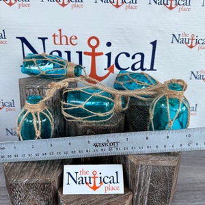 5 - Aqua Glass Bottles on Rope - Nautical Fish Net Buoy Ball Floats ...