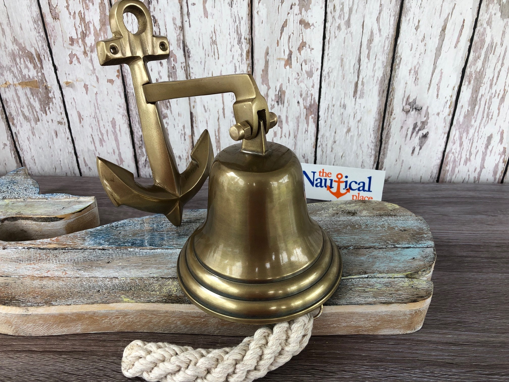 7 Anchor Ship Bell w/ Rope Lanyard - Antique Brass Finish - Nautical ...