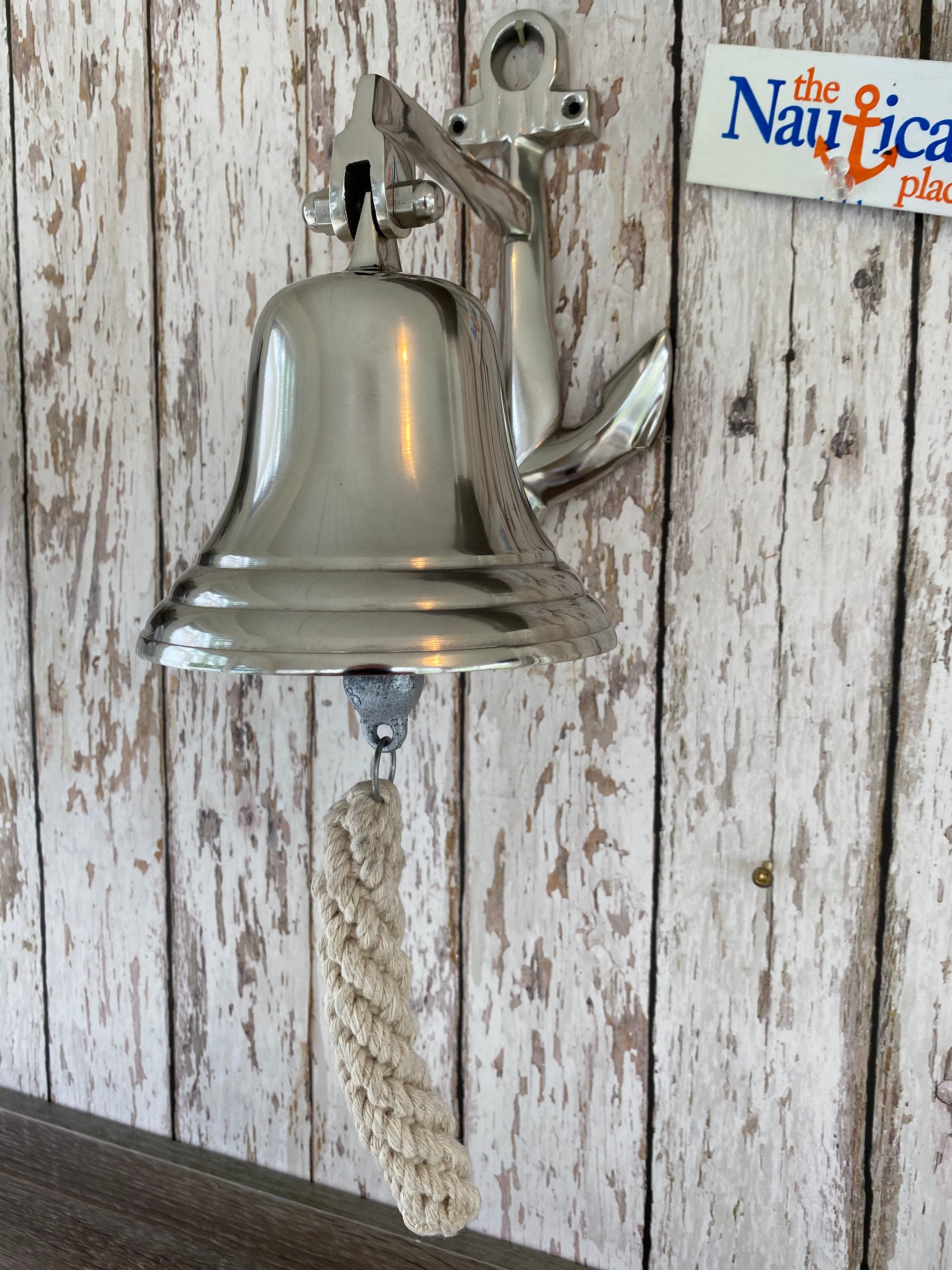 7 Anchor Ship Bell w/ Rope Lanyard - Silver / Chrome Finish - Nautical ...