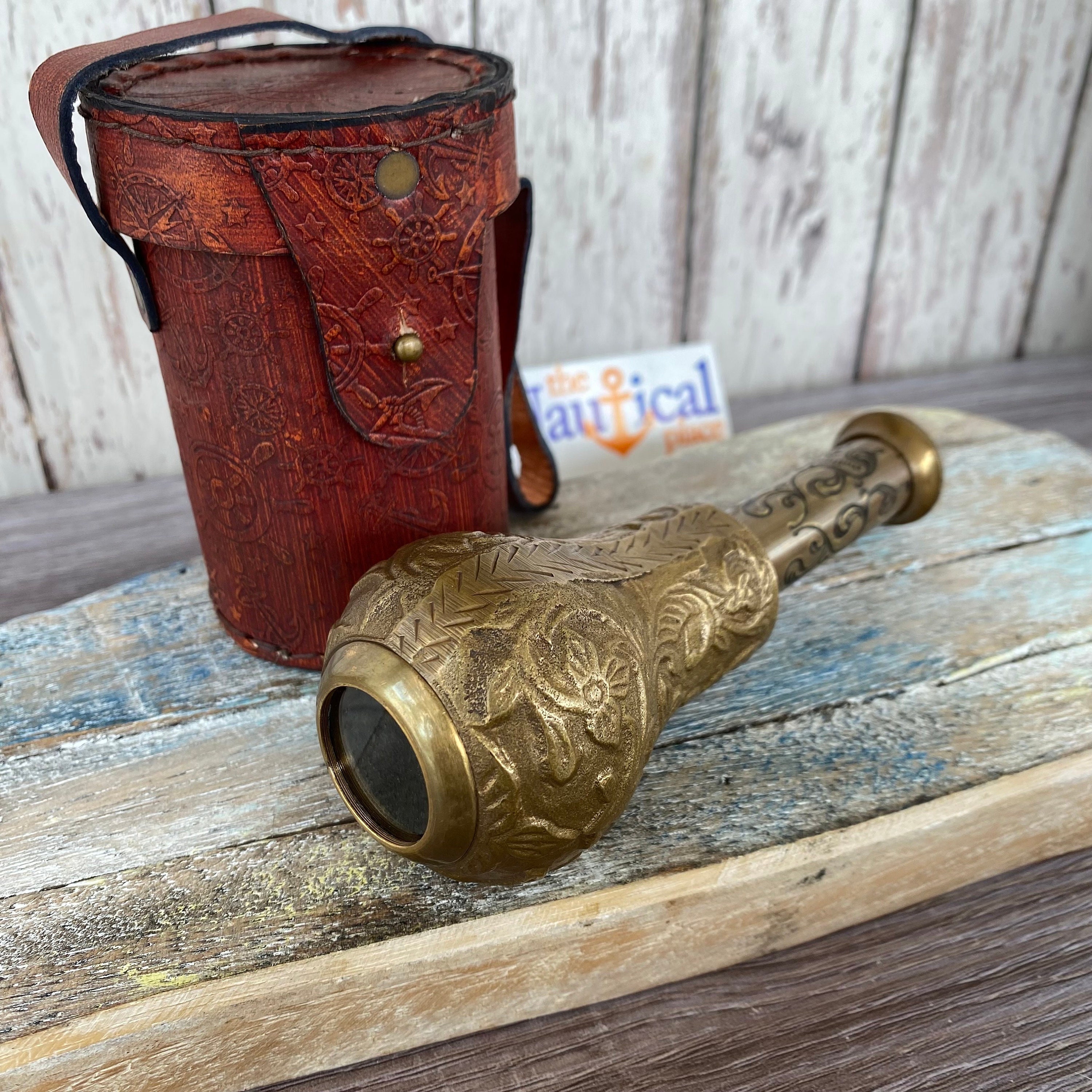 Victorian Style Etched Brass Telescope w/ Wooden Box - Antique Finish ...