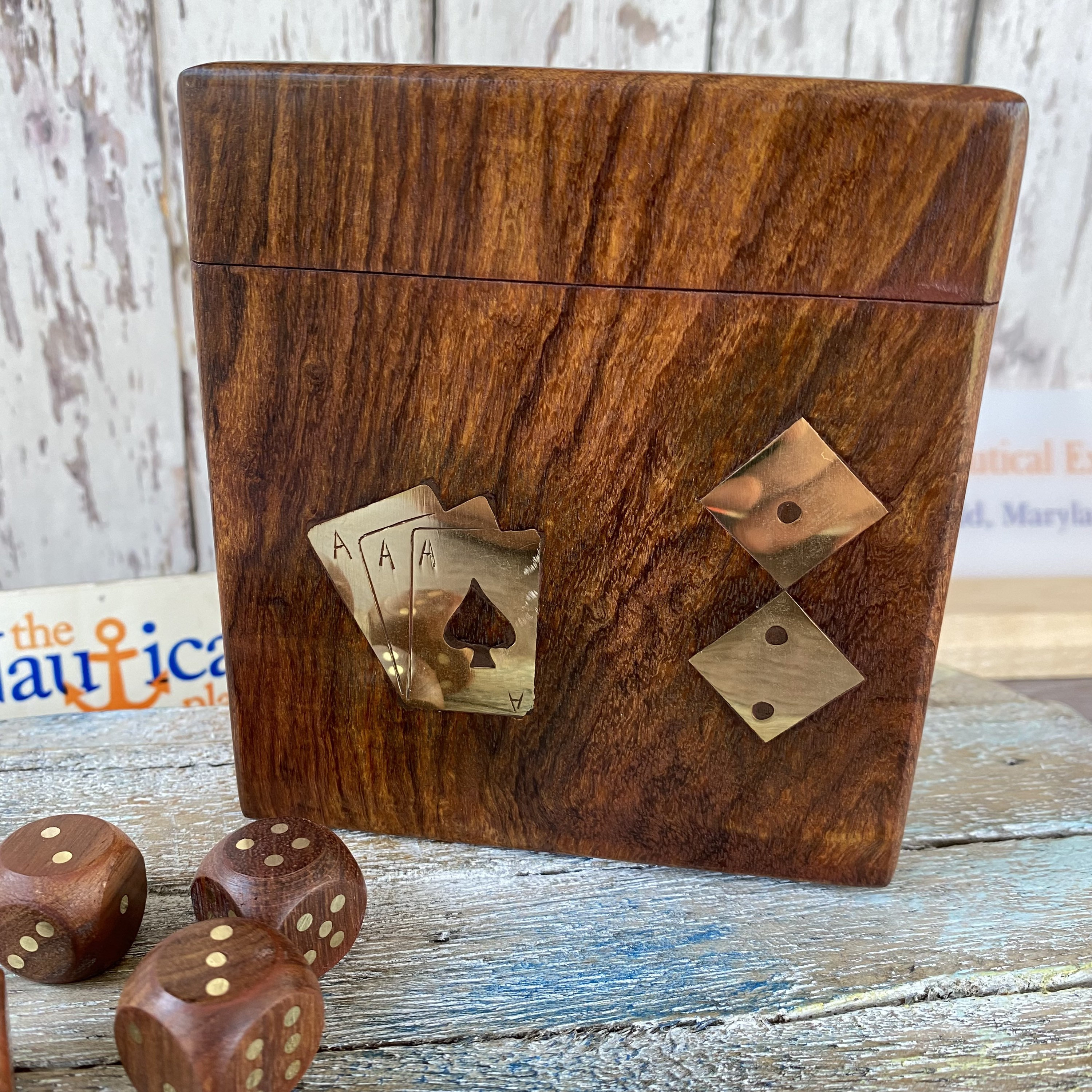 Wood Dice Set With Brass Inlaid Box - Dice & Card Deck Holder ...