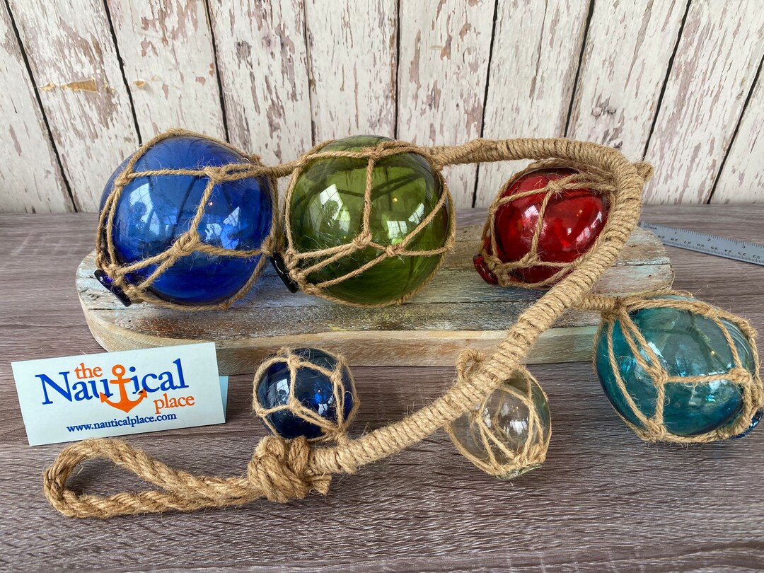 6 Glass Fishing Floats on Rope Fish Net Buoy Ball Nautical - Etsy