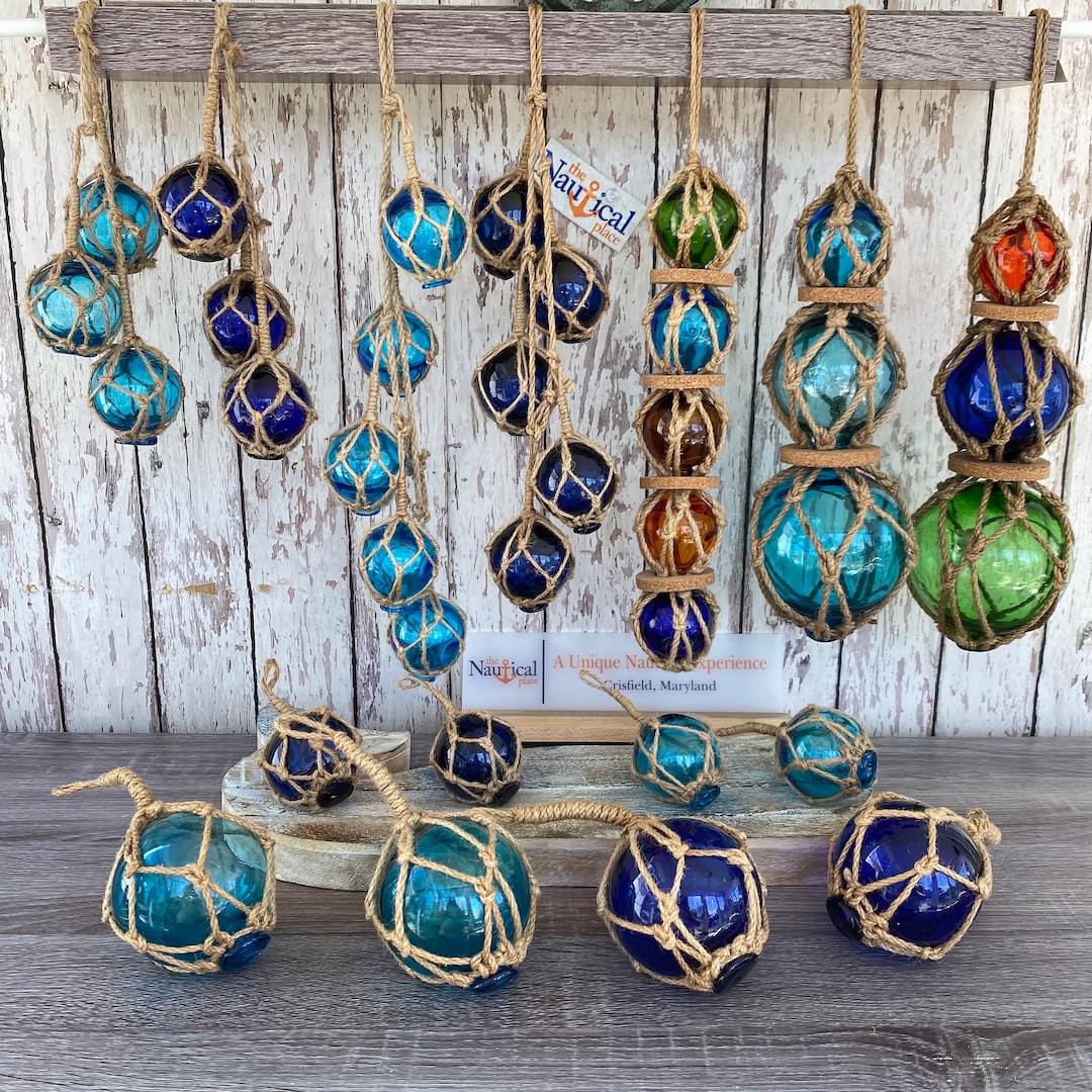Glass Fishing Floats on Rope - Fish Net Buoy Ball - Nautical Decor ...