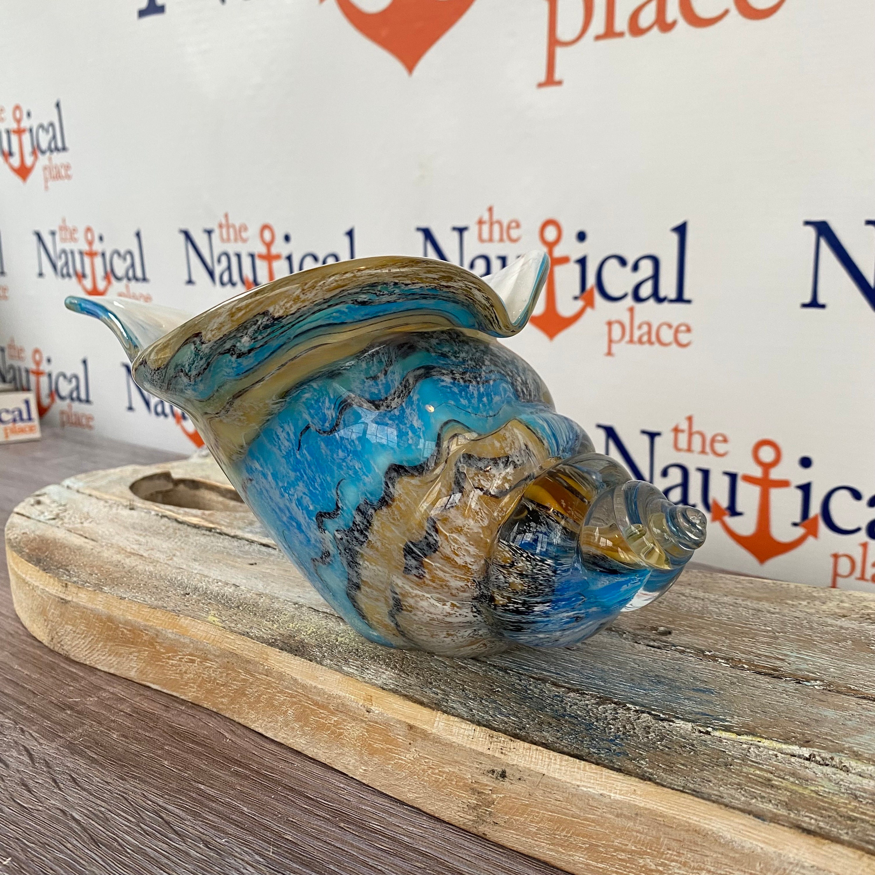 Large 9.5 Glass Shell Figurine - 2 lbs. - Blue & Tan Accents - Hand ...