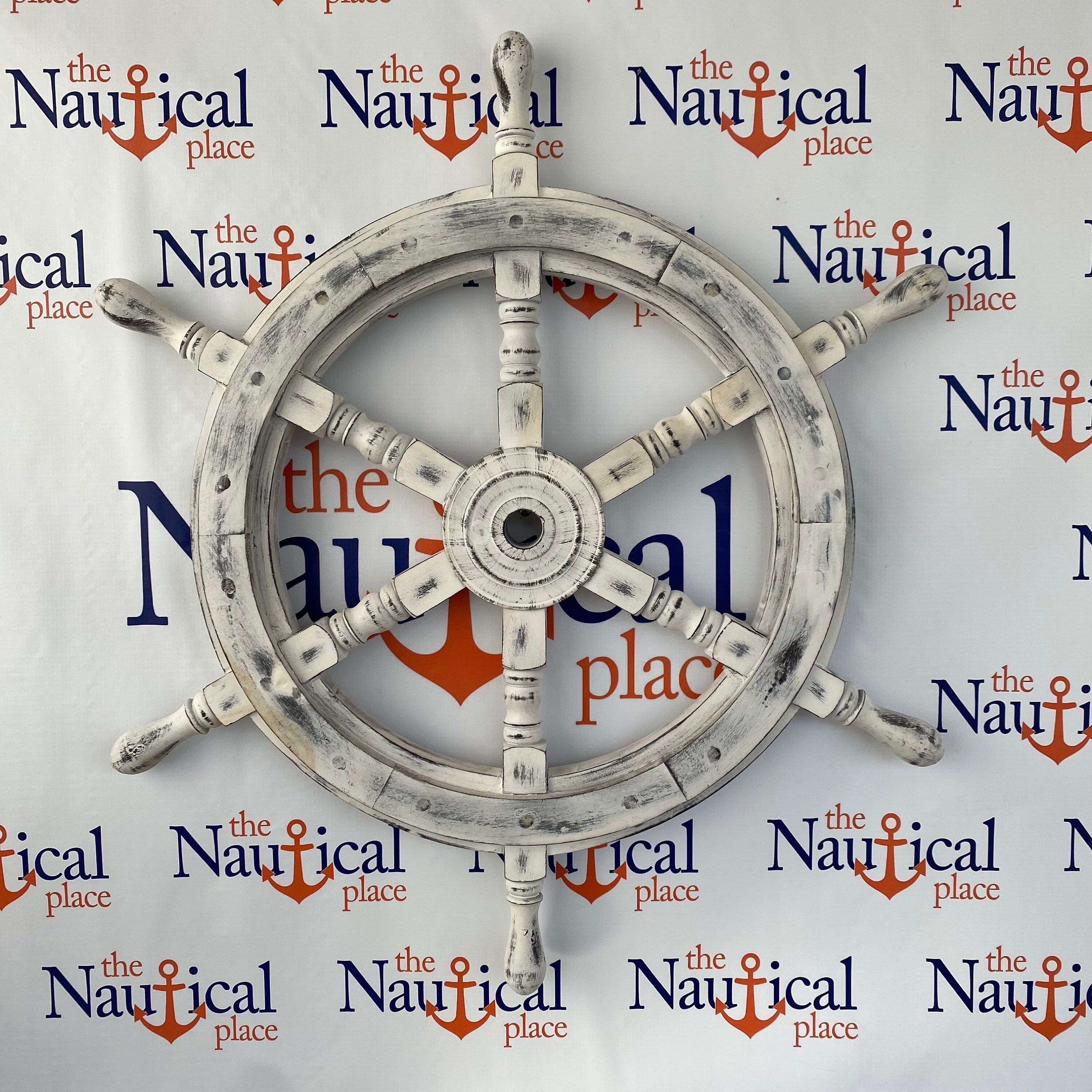 24 Wood Ship Wheel With Brass Center - Distressed White Wash Finish ...