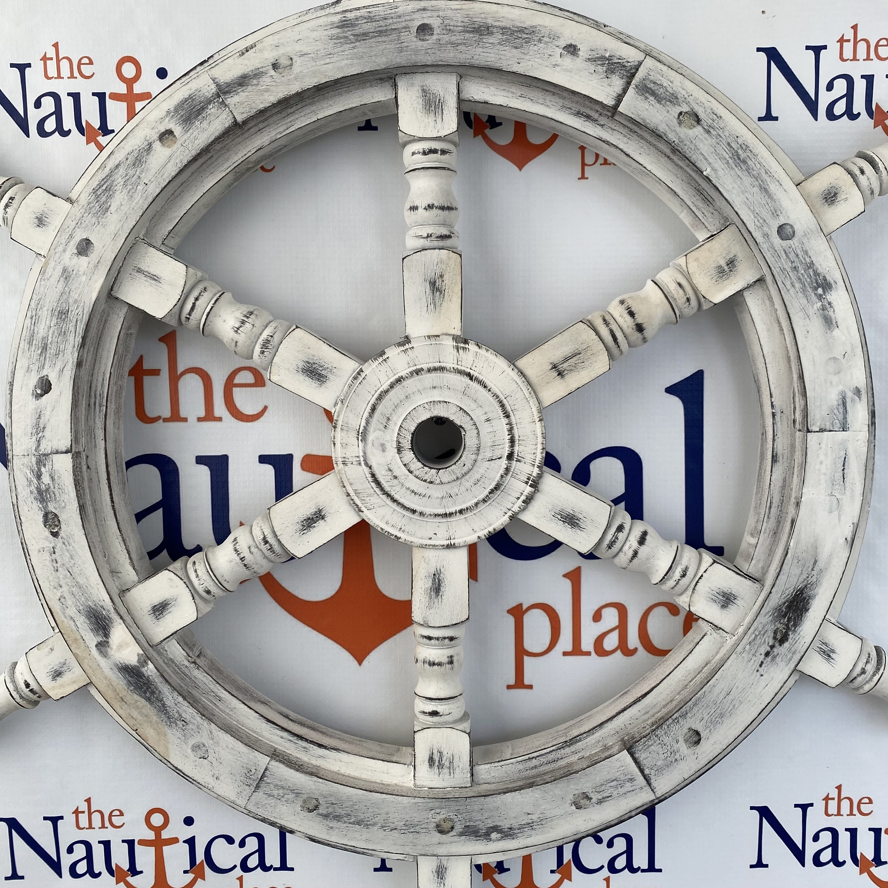 24 Wood Ship Wheel With Brass Center - Distressed White Wash Finish ...