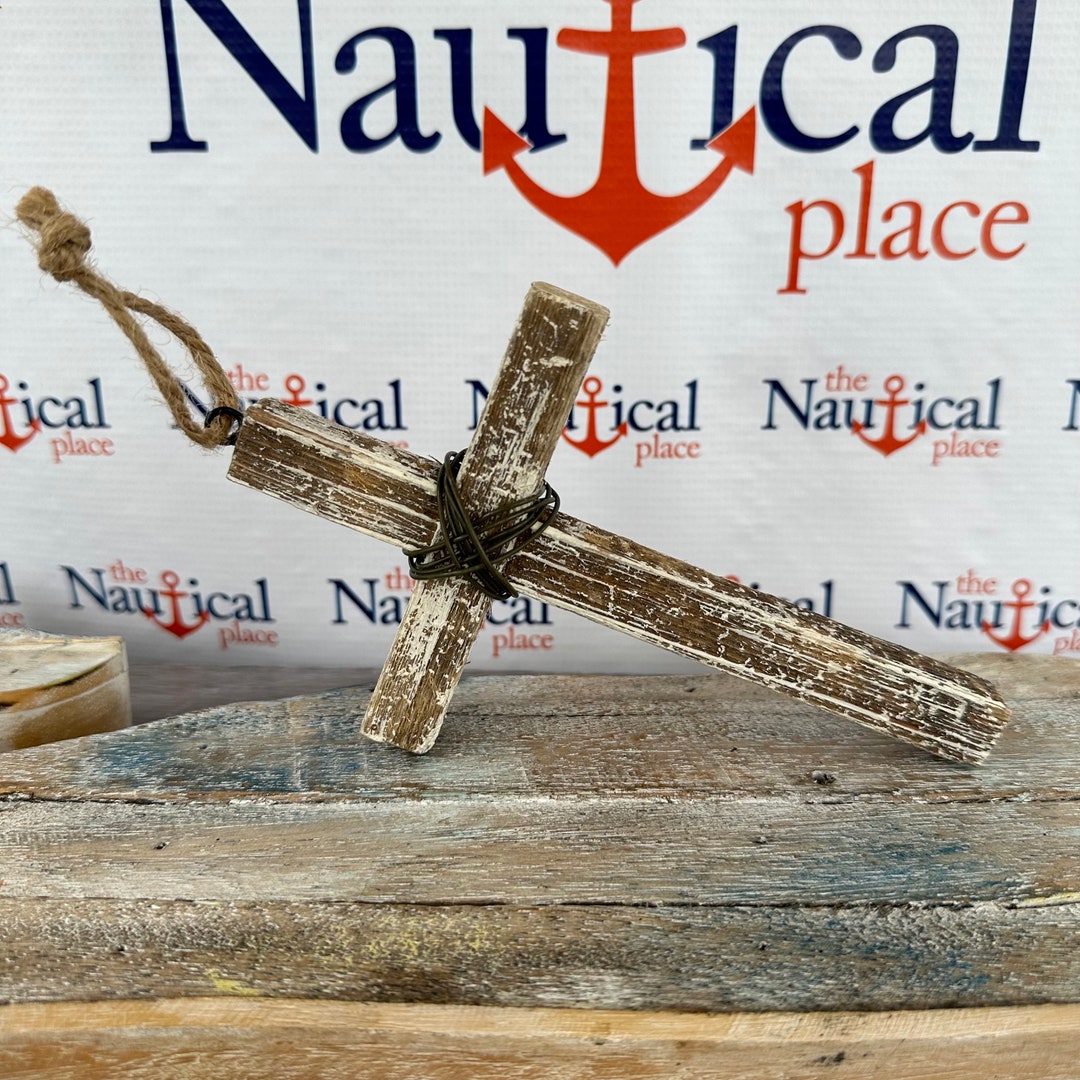 Wooden Cross W/ Wire Wrap - White Washed Distressed - Whitewashed Wall ...