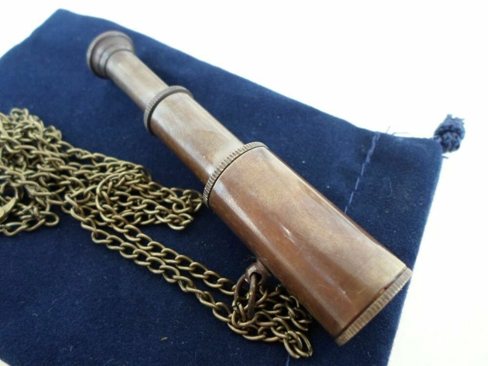 Antique Finish Brass Pocket Telescope w/ Optional 27 Chain & Bag - Mini ...