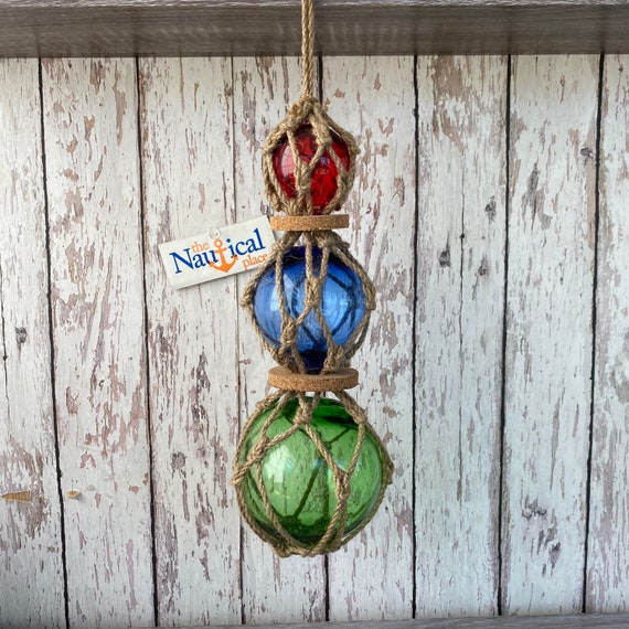 3 Glass Fishing Floats on Rope Fish Net Buoy Ball Nautical - Etsy