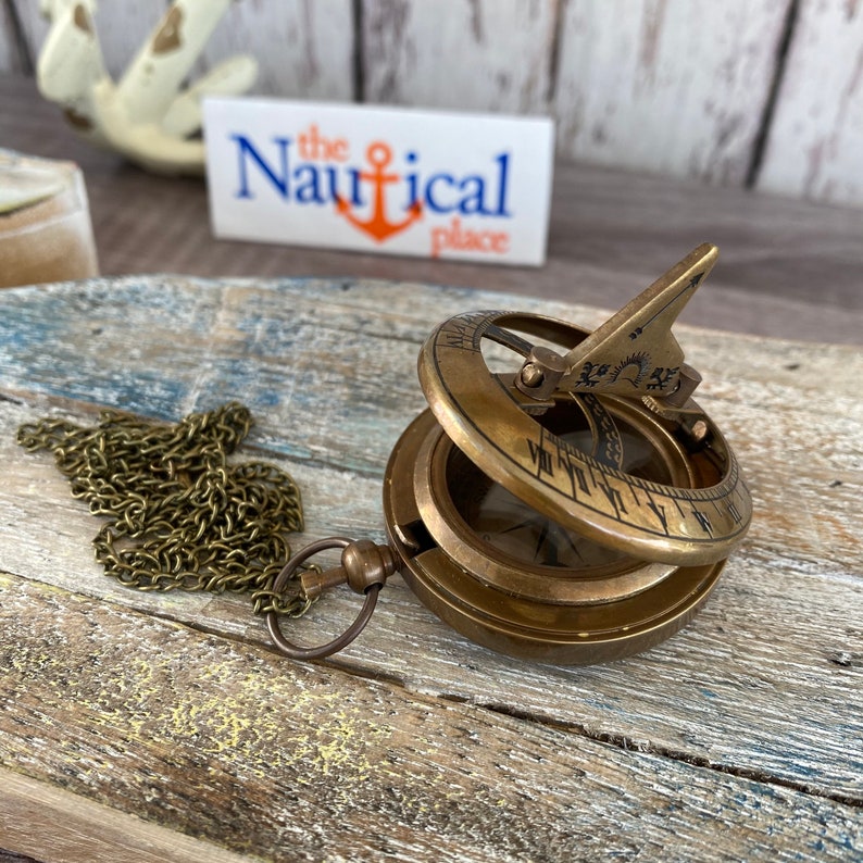 Brass Sundial Compass W Optional 27 Chain And Velour Bag Etsy