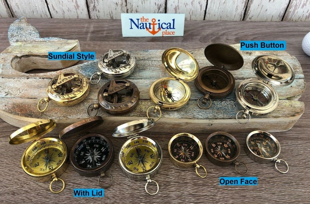Brass Compass Necklace - With Lid, Push Button, Pocket Sundial ...