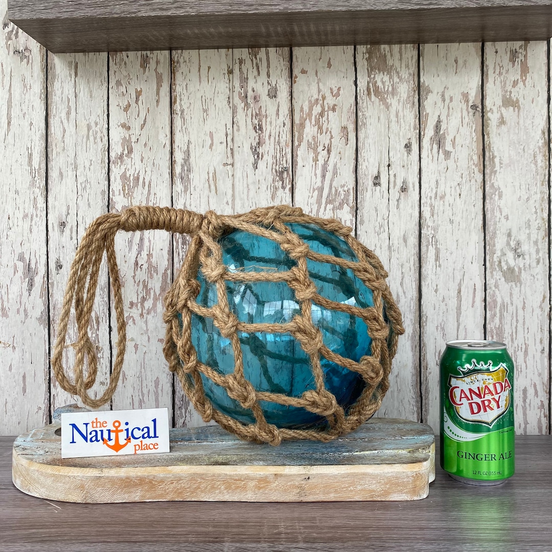 Large 8" Aqua Glass Fishing Float W/ Heavy Weathered Rope Netting ...