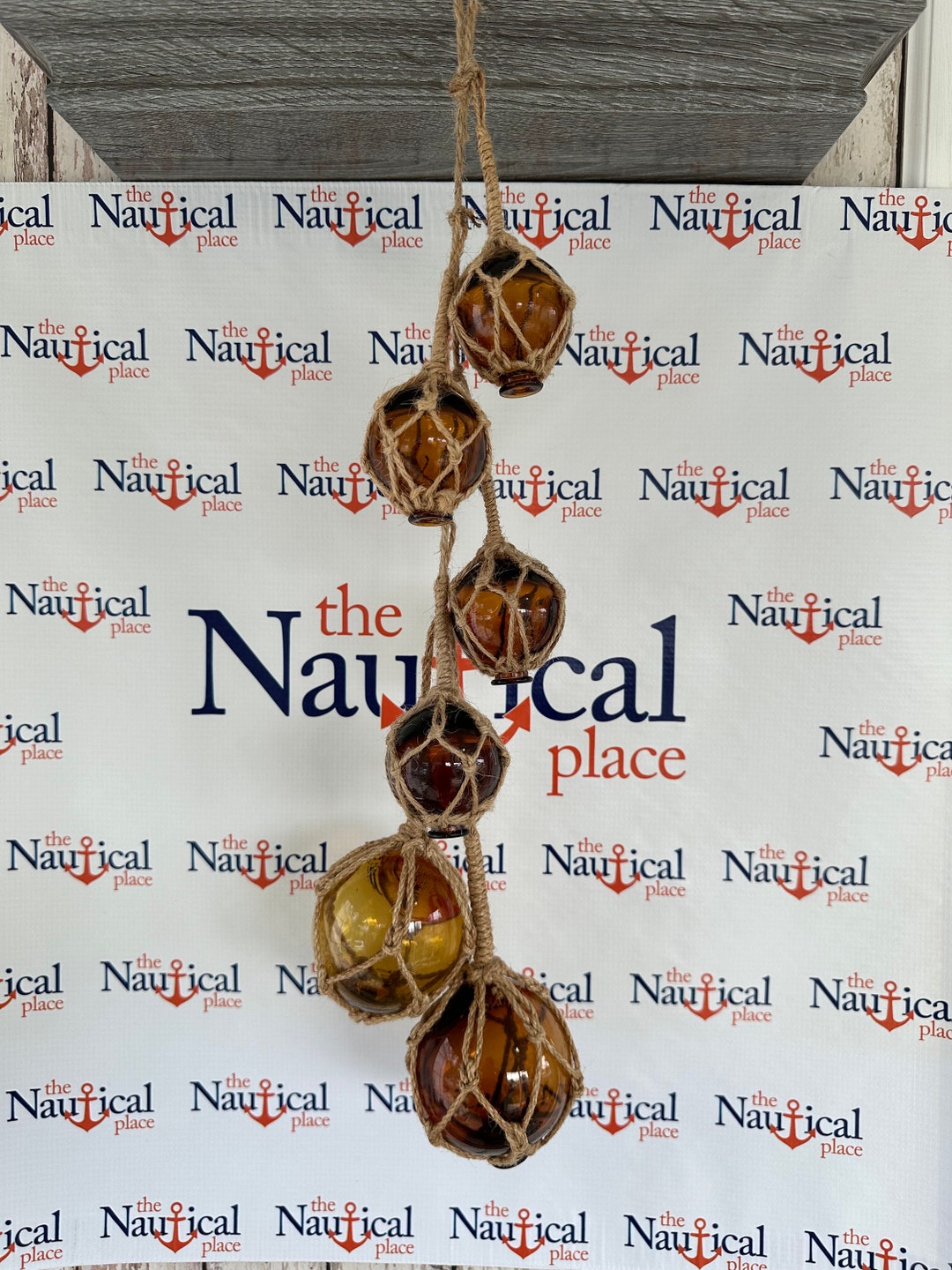 6 Amber Glass Fishing Floats on Rope - Fish Net Buoy Ball - Nautical ...