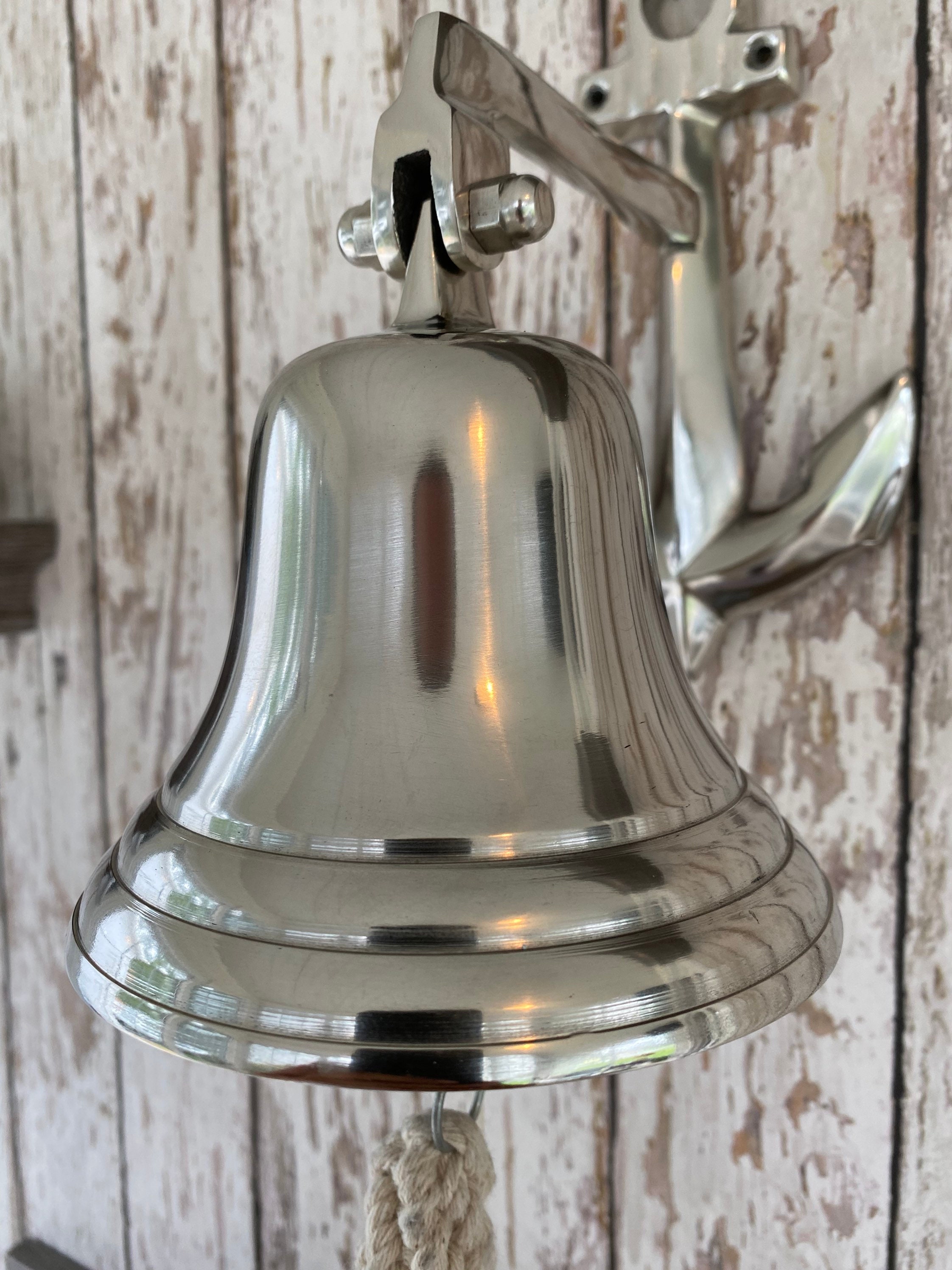 7 Anchor Ship Bell w/ Rope Lanyard - Silver / Chrome Finish - Nautical ...